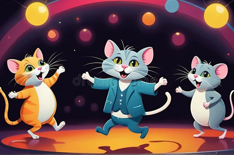Two Cats and a Mouse Dancing in a Disco at 20-9-2024 Stock Illustration ...