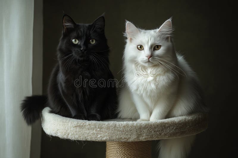 Two Cats Perched on a Cozy Cat Tree in Soft Natural Light Stock ...