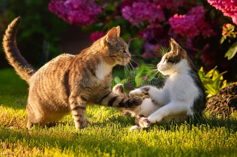 Two Cats Playing in the Garden in Summer Stock Illustration - Illustration of kitty, playing ...