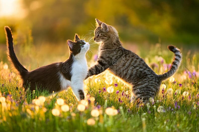 Two Cats Playing in the Garden in Summer Stock Illustration - Illustration of young, movement ...