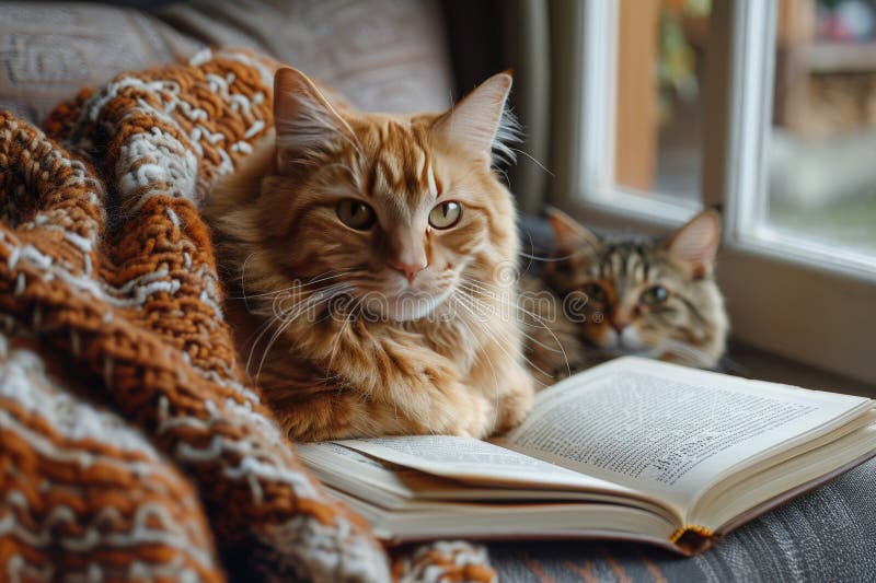 Two Cats Resting with an Open Book by the Window Stock Illustration ...