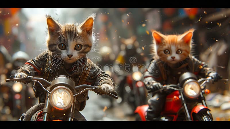 Two Cats Riding on Motorcycles in a City Stock Image - Image of city ...