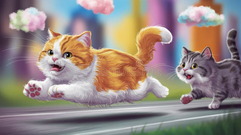 Two Cats Running Down a Street with Clouds in the Sky, AI Stock Image ...