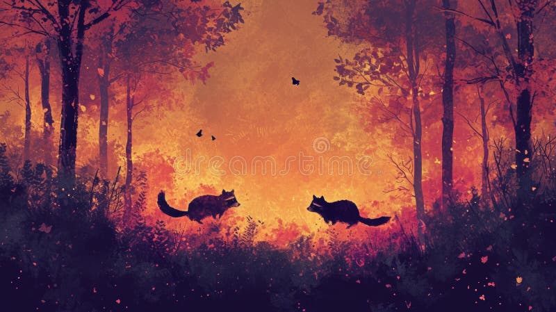 Two Cats are Running through a Forest at Sunset, AI Stock Photo - Image ...