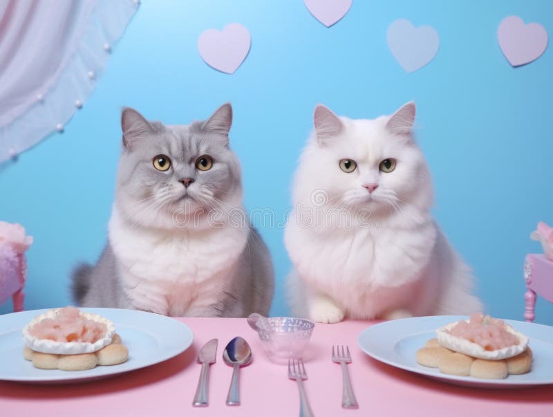 Two Cats Seated at a Dining Table. the Concept is a Playful Dinner Date ...