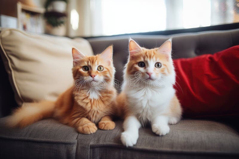 Two cats sit on a couch stock photo. Image of couple - 290523922