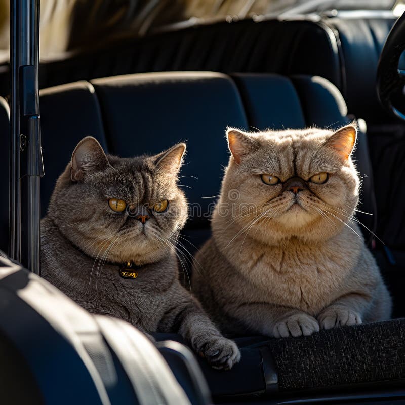 Two Cats Sitting in the Back Seat of a Car Looking at the Camera Stock ...