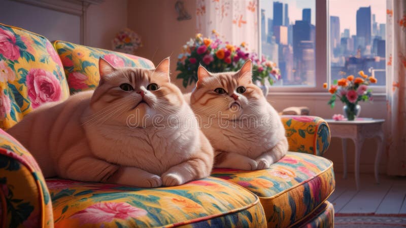 Two Cats Sitting on a Couch in Front of Flowers, AI Stock Image - Image ...