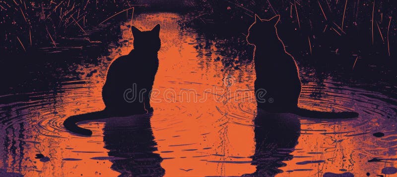 Two Cats Sitting in a Puddle of Water at Night, AI Stock Image - Image ...