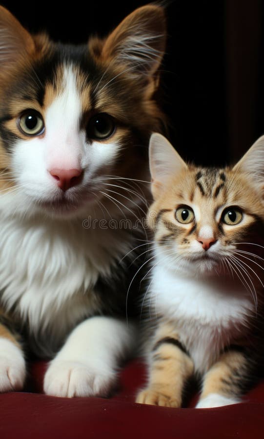 Two Cats Sitting on a Red Couch, AI Stock Image - Image of love ...
