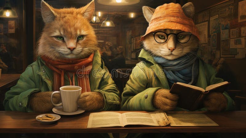 Two Cats Sitting at a Table with Coffee and Books, AI Stock Image ...
