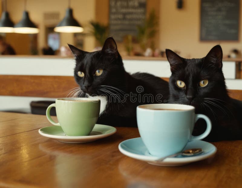 Two Cats are Sitting on a Table with Two Cups of Coffee Stock Image ...