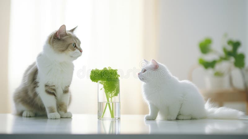 Two Cats Sitting on a Table Near Each Other, AI Stock Illustration ...