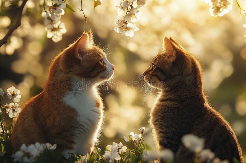 Two Cats are Sitting Under a Blossoming Sakura Tree in the Garden in ...
