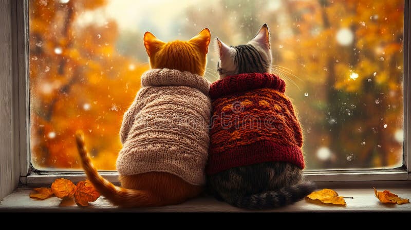 Two Cats Sitting on a Window Sill Looking Out the Window Stock Photo ...