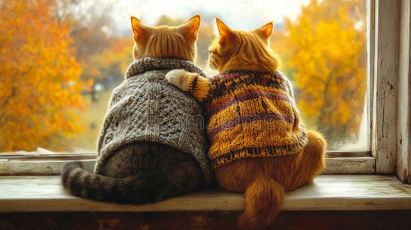 Two Cats Sitting on a Window Sill Looking Out the Window Stock Image ...