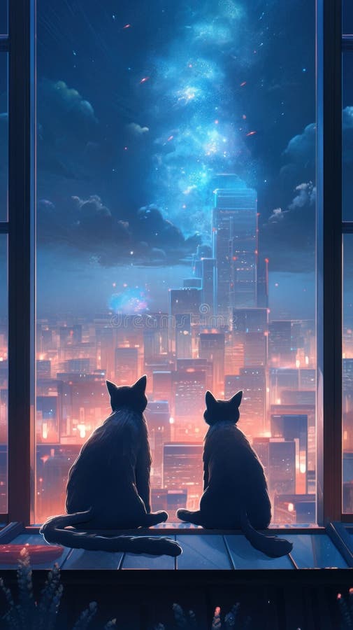 Two Cats Sitting on a Window Sill Looking Out at a City at Night ...
