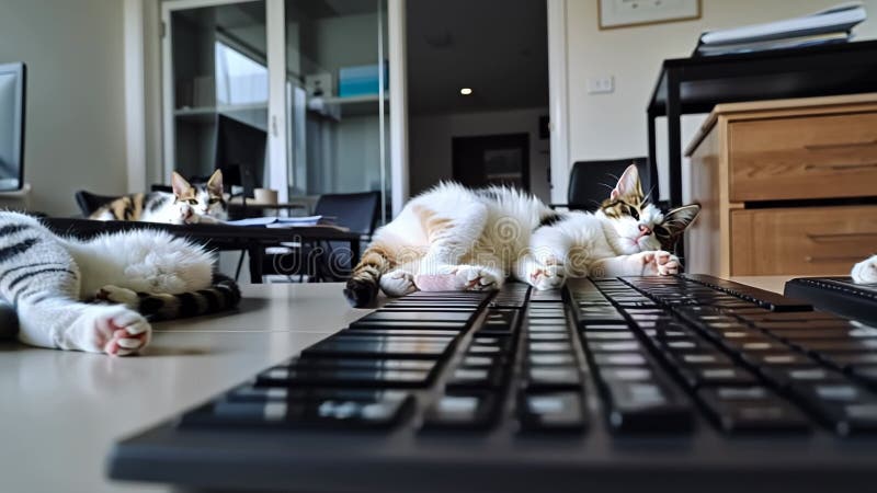 Cats Sleeping on Desk in Home Office Interrupting Work Stock Video ...