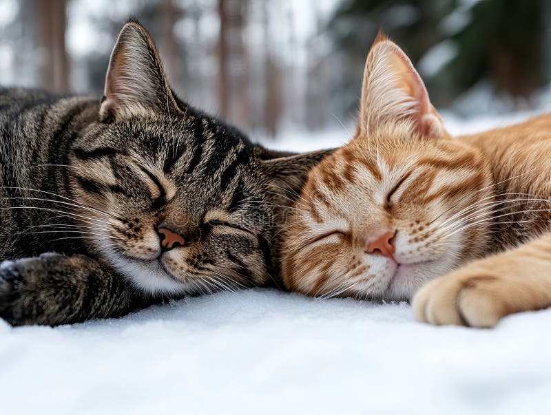 Two Cats Sleeping in the Snow Stock Photo - Image of front, together ...