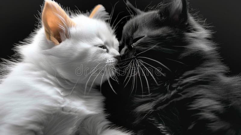 Two Cats are Sleeping Together, One Black and One White Stock Photo ...