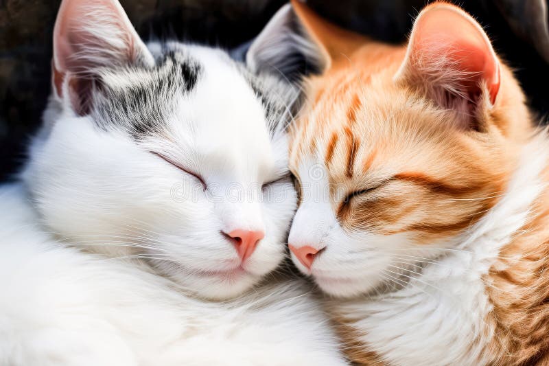 Two Cats are Sleeping Together, One is White and the Other is Orange ...