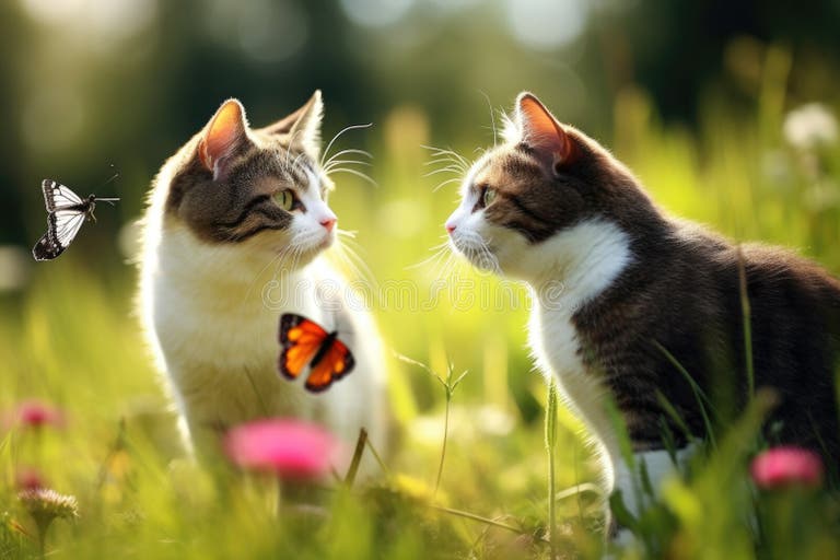 Two Cats Stalking the Same Butterfly in a Field Stock Photo - Image of ...