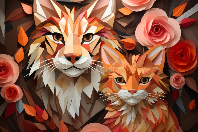 Two Cats are Surrounded by Roses in a Paper Cutout Style Stock ...