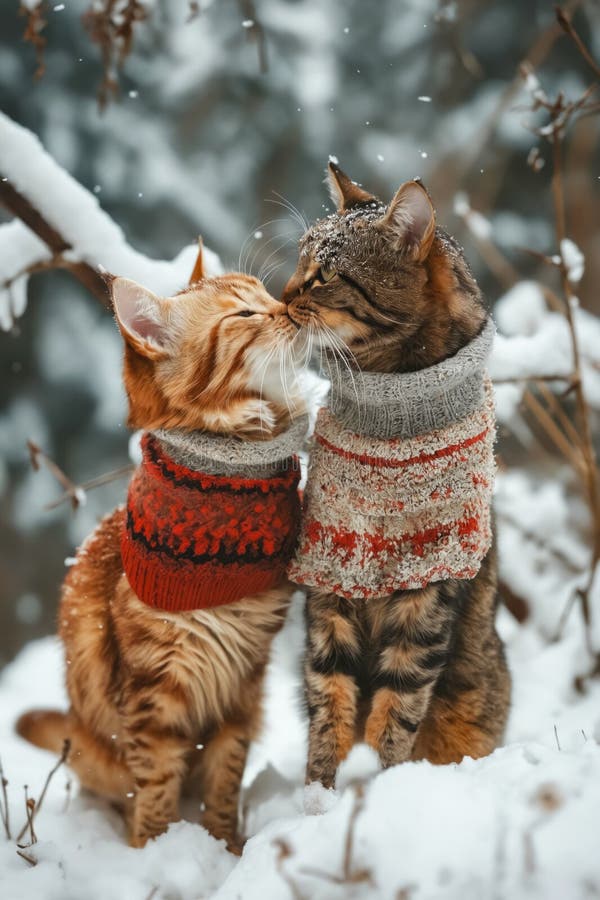 Two Cats in Sweaters Kissing in the Snow. Generative AI Stock Photo ...