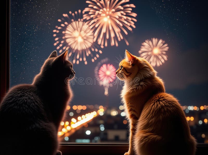 Two Cats Watching Fireworks through the Window Stock Illustration ...