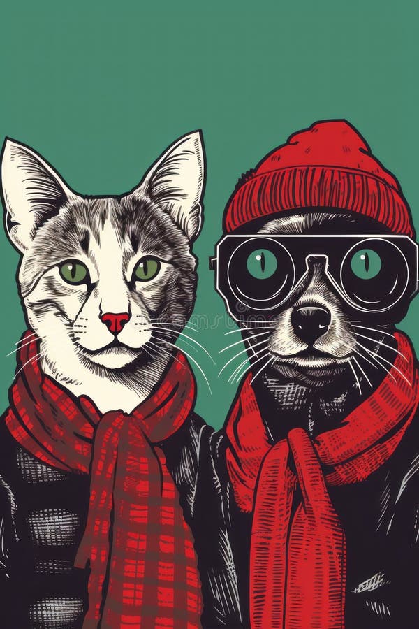 Two Cats Wearing Scarves and Hats, AI Stock Image - Image of friendship ...