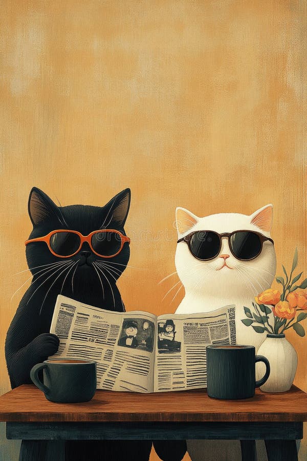 Two Cats Wearing Sunglasses Reading Newspaper and Drinking Coffee Stock ...