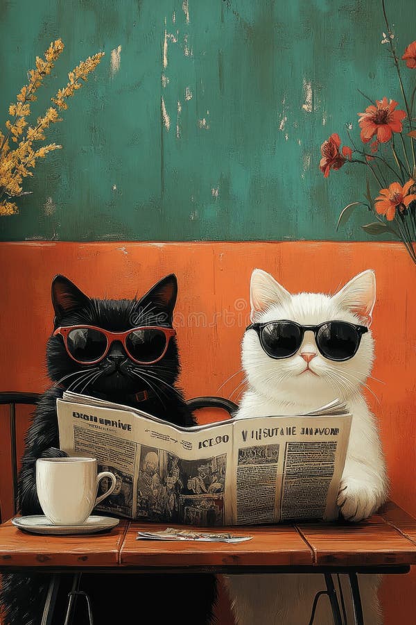 Two Cats Wearing Sunglasses Reading Newspaper and Drinking Coffee Stock ...