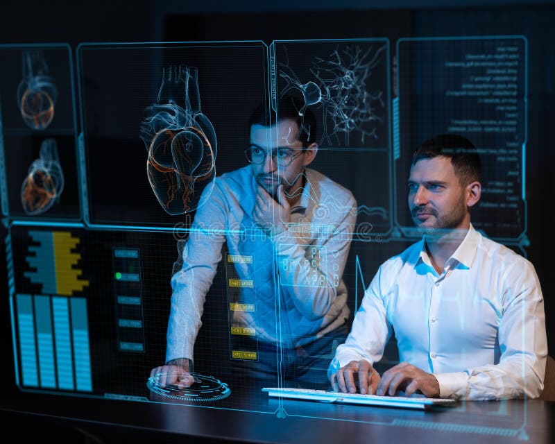 Two Caucasian Bearded Men are Looking and Discussing the Data on the ...