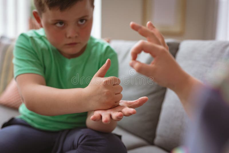 Two Caucasian Boys Communicating Using Sign Language while Sitting on ...