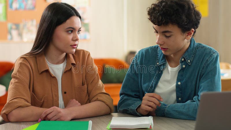 Two Caucasian Friends Students Discuss Problem Difficult Study Task ...
