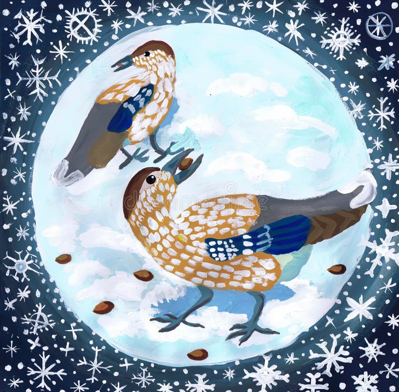 Two Cedars Pecking Pine Nuts in the Snow. Children S Drawing in ...