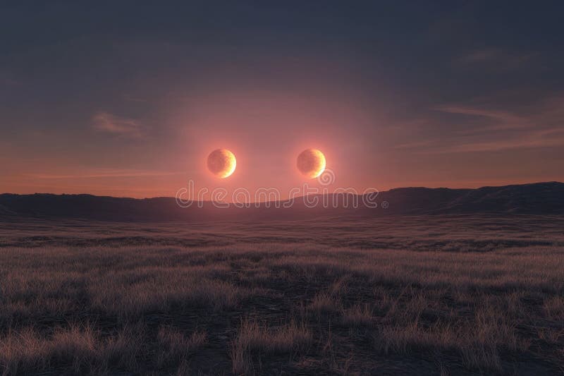 Two Celestial Bodies Eclipse a Tranquil Landscape at Dusk in a Vast Open Field Stock Image ...