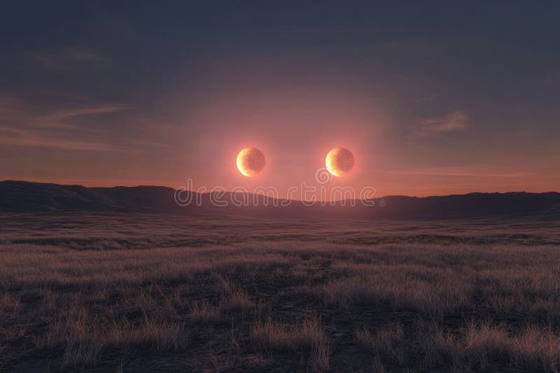 Two Celestial Bodies Eclipse a Tranquil Landscape at Dusk in a Vast Open Field Stock Image ...