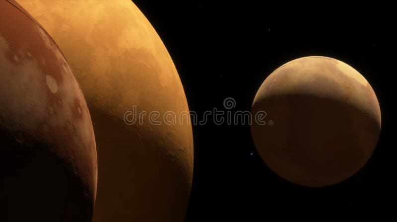 Two Celestial Planet Bodies Against Black Backdrop of Space. Larger ...