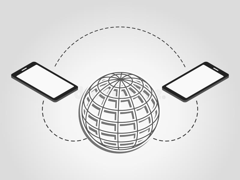 Two Cell Phones Connected with Each Other and with the Globe on a Gray ...