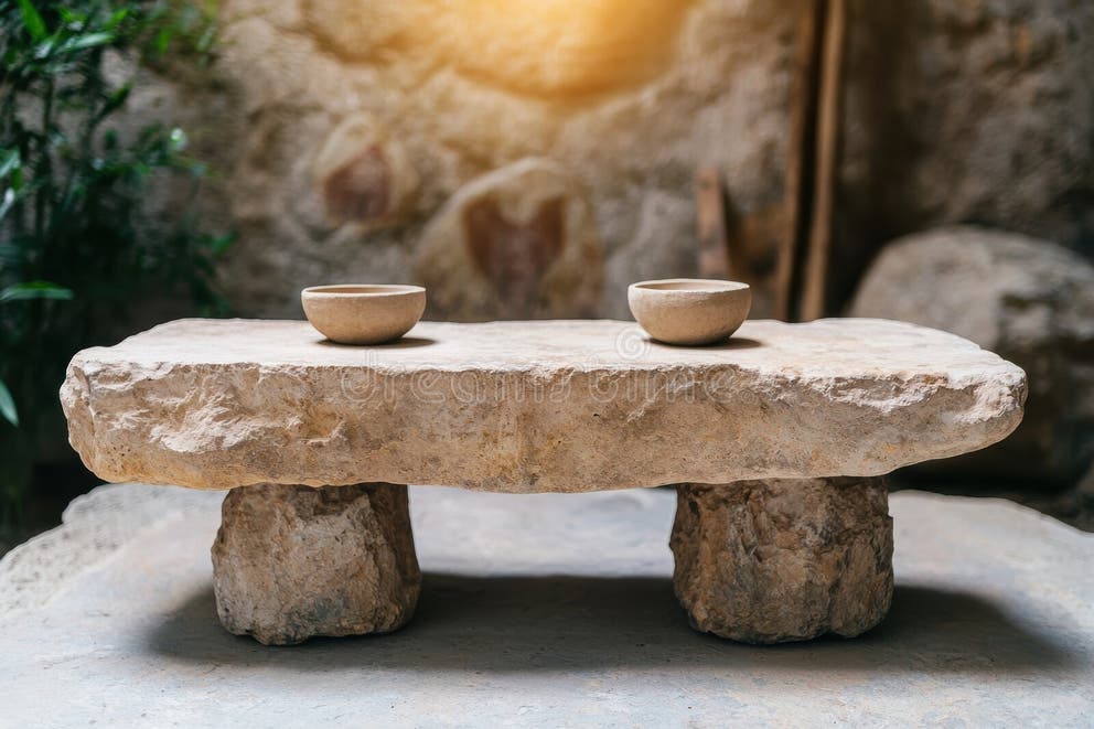 Two Ceramic Bowls on a Rustic Stone Table Stock Illustration ...
