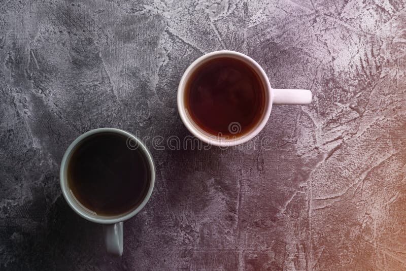Two Ceramic Cups with Black Tea, Hot Drink in White and Grey Cup on ...