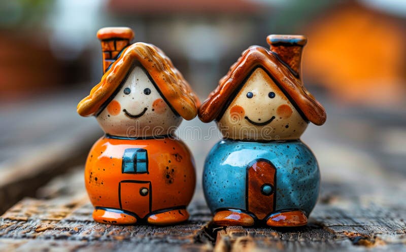 Two Ceramic Dolls are Sitting on Wooden Table Stock Image - Image of ...