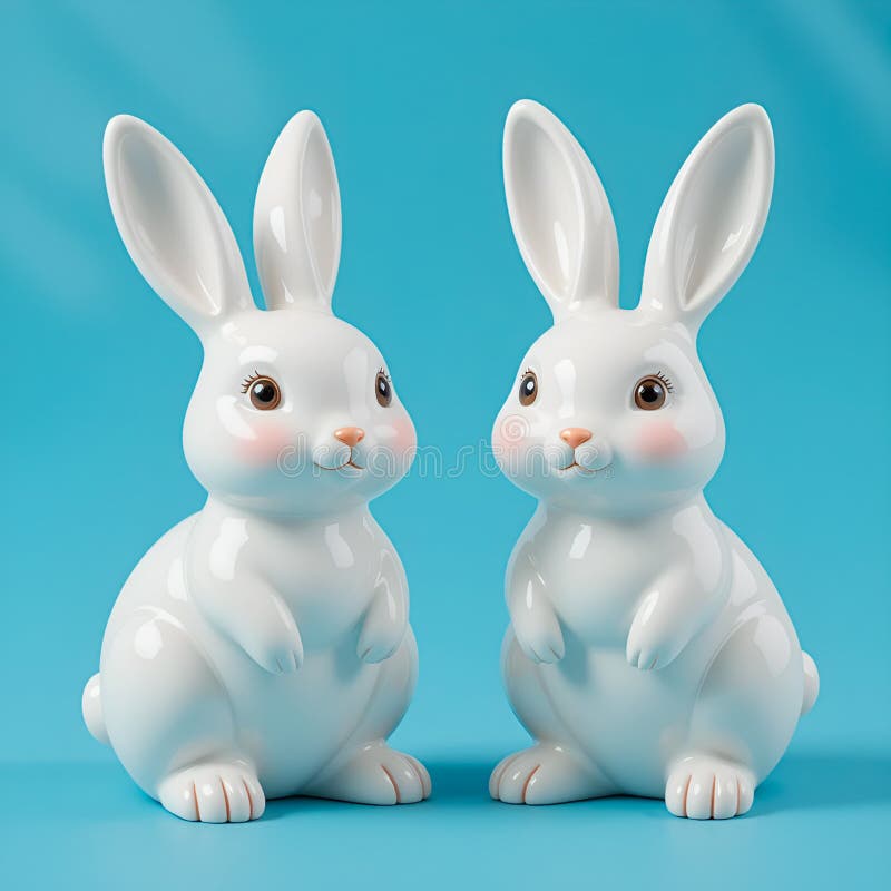 Two Ceramic Figurines of White Rabbits on a Blue Background Stock Image ...