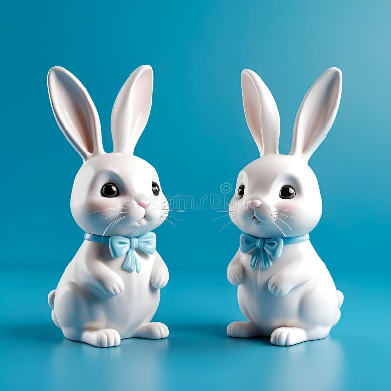 Two Ceramic Figurines of White Rabbits, Each with a Blue Bow Wrapped ...