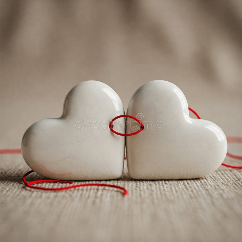 Two Ceramic Hearts Tied Together with a Red Thread. Stock Photo - Image ...