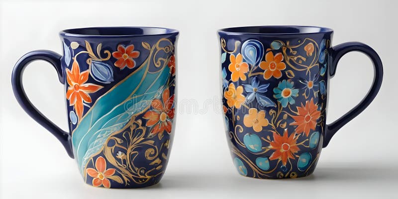Two Ceramic Mugs Featuring Floral Painted Designs on Blue Backgrounds ...