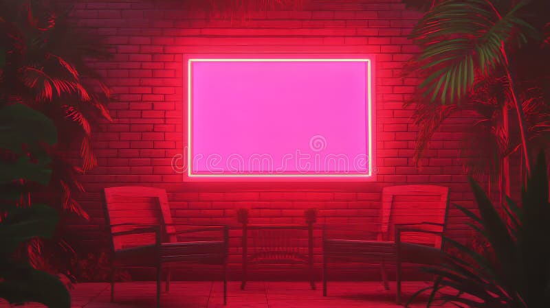 Between Two Chairs in a Brick Courtyard, a Pink Panel is Illuminated ...