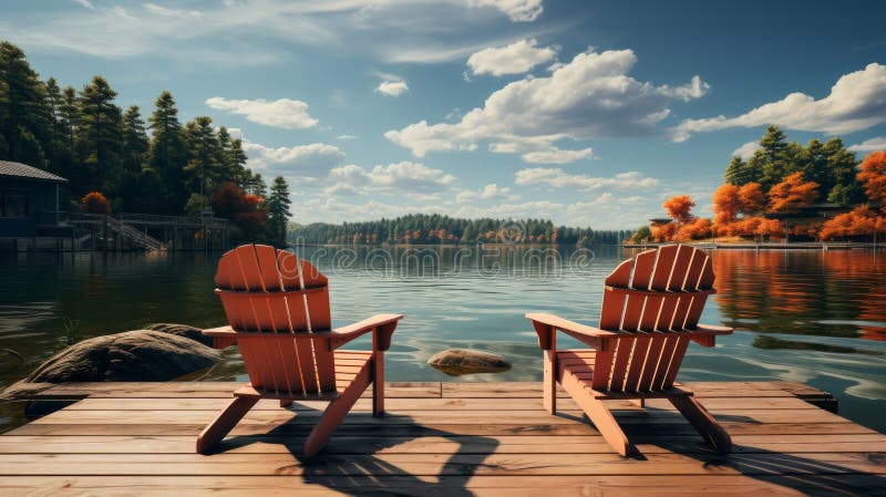 Two Chairs on a Dock Overlooking a Lake. Generative AI. Stock ...