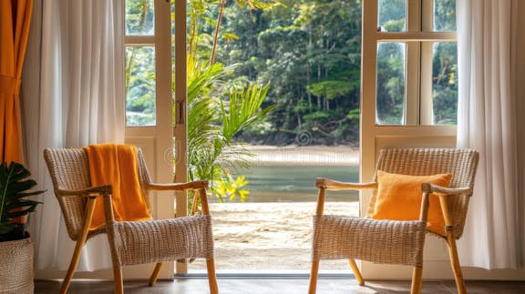 Two Chairs Face a Window Overlooking a Lush Jungle Scenery. Stock Photo ...